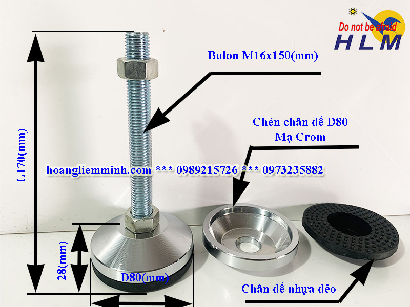 CHÂN TĂNG CHỈNH ĐẾ CAO SU D80M16xL150(mm)
